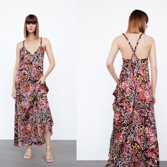 Zara | Dresses | Nwt Zara Printed Cross Back Floral Maxi Dress Xs ...